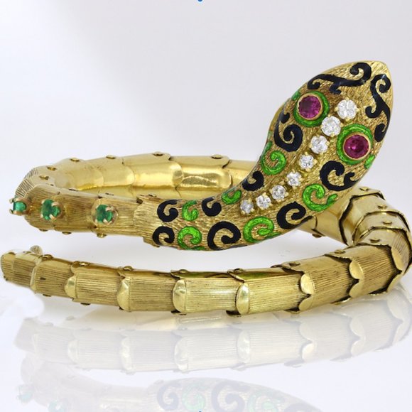 Jewelry | Vintage 18k Yellow Gold Snake Bracelet With Diamonds Pink ...